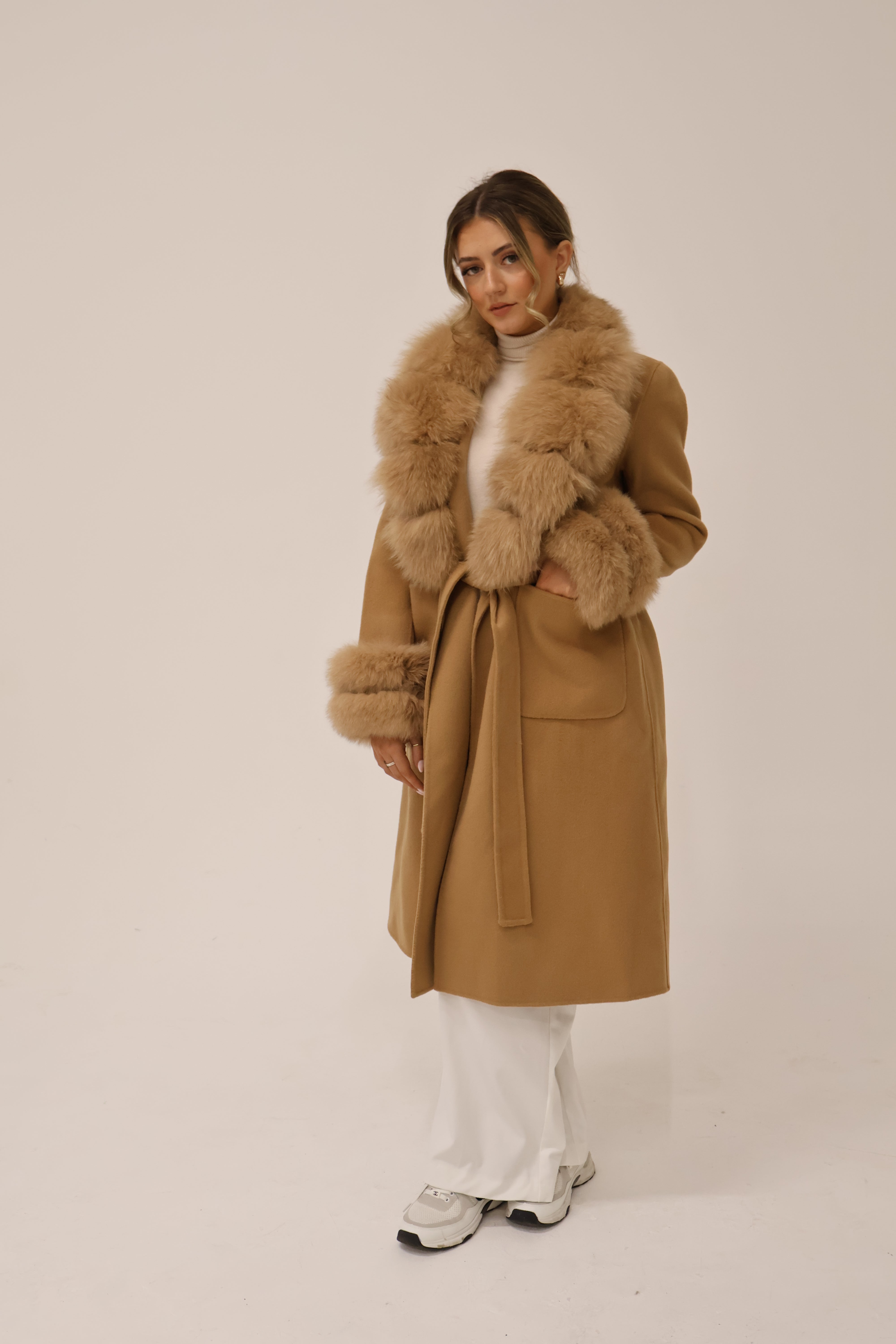 Long Cashmere Coat with Fur Collar Cuffs