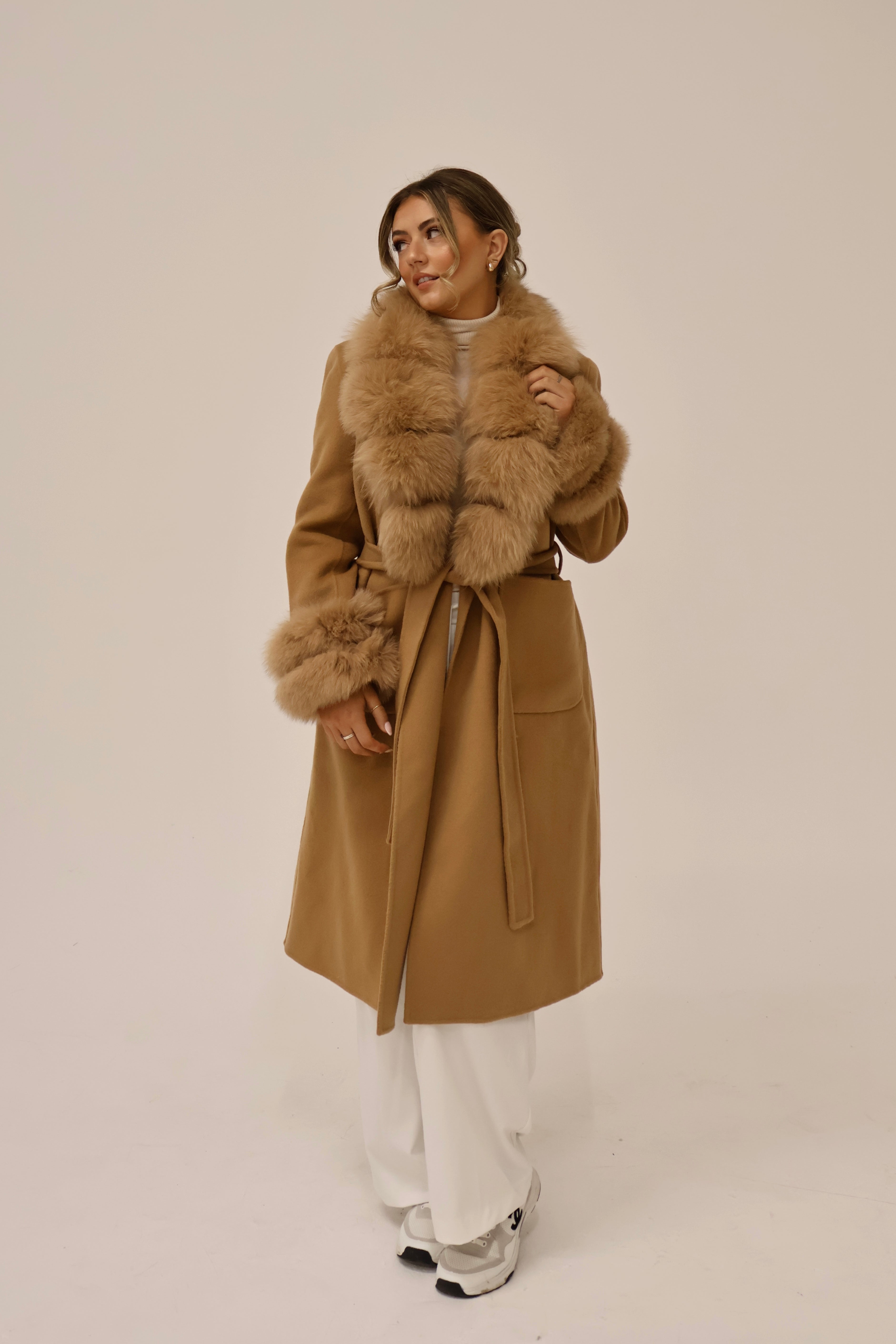 Long Cashmere Coat with Fur Collar Cuffs Dolcie London